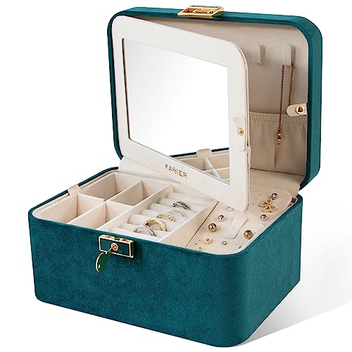 KAMIER Jewelry Box, 2 Layers PU Leather Jewelry Organizer Box, Large Capacity, Double Lock and Large Mirror, Hidden Necklace Hooks, Removable Dividers, Gift Box Packaging,Velvet Peacock Blue