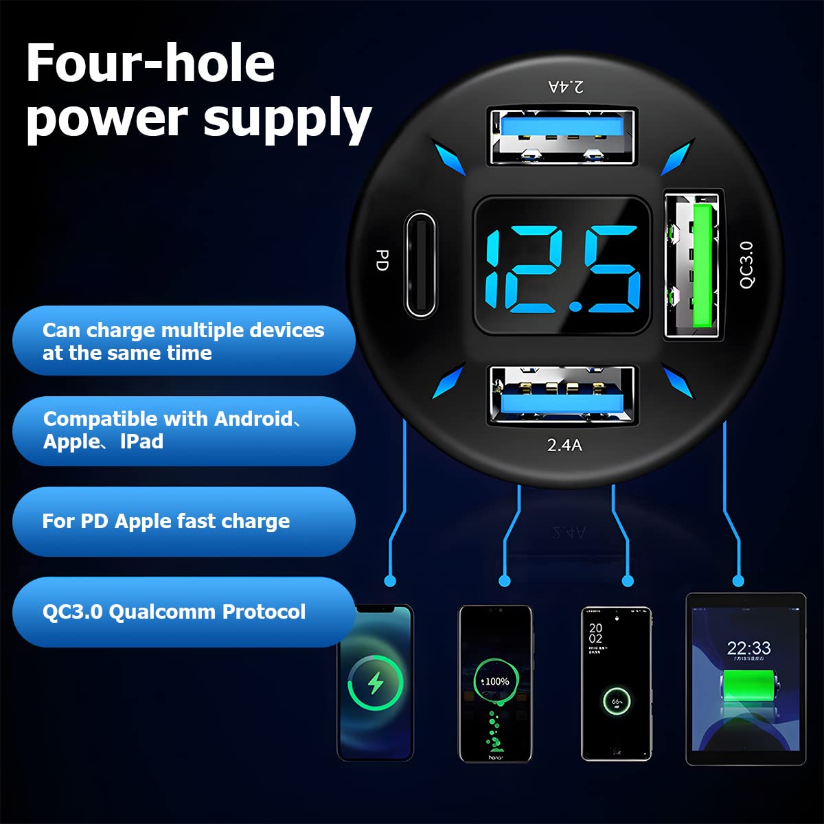 Ankuee 4 Ports USB Car Charger Adapter, Auto Portable PD 3.1/QC 3.0 Fast Charge Cigarette Lighter with Flush Fit Charging Plug, Compatible with iPhone 14 13 12, Samsung, S22 S21 (PD20W+QC3.0+2*2.4A)