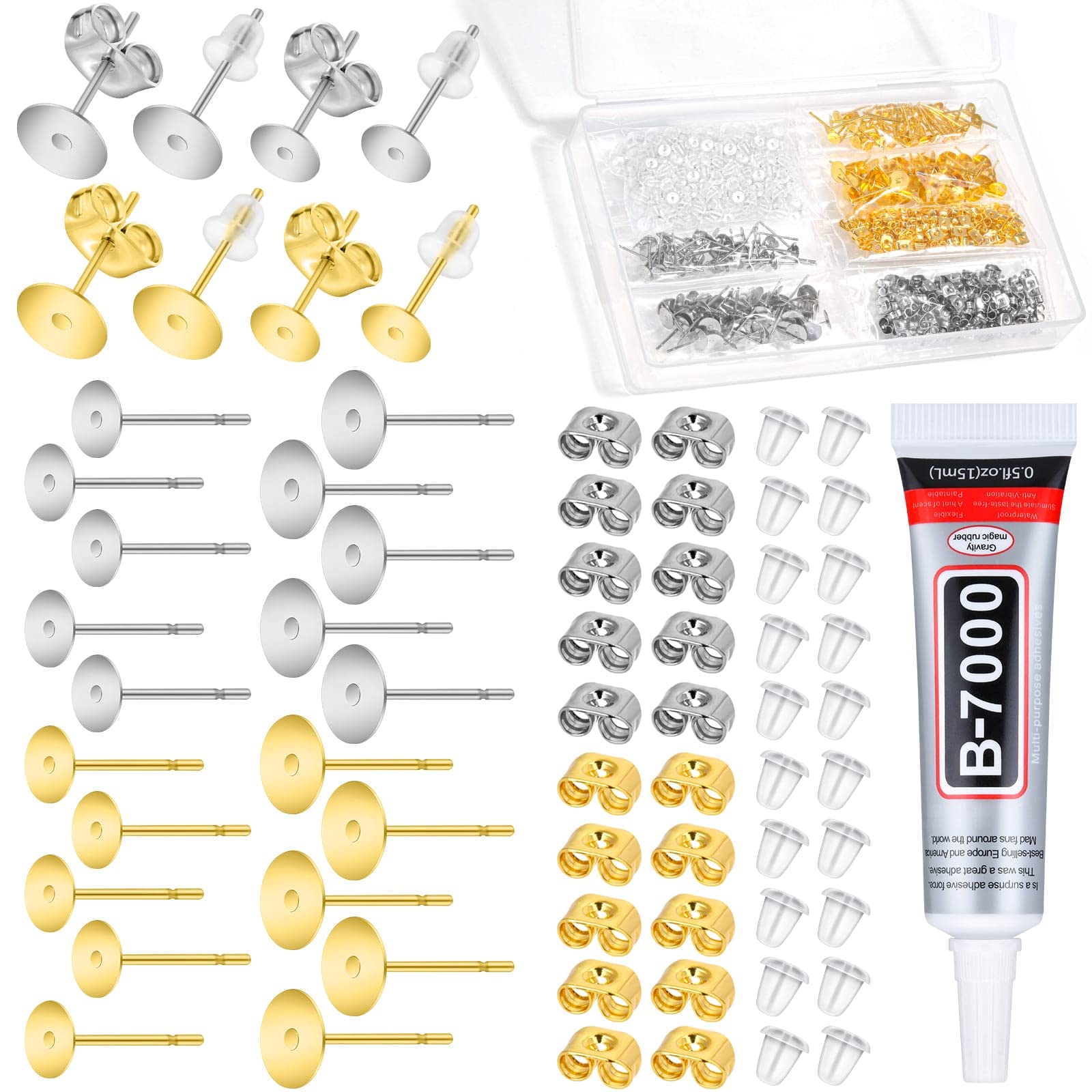 anezus Jewelry Glue with Earring Posts for Jewelry Making, 600pcs Stainless Steel Earring Posts and Backs Silver and Gold Earring Posts with Rubber Earring Backs for Earring Making Supplies