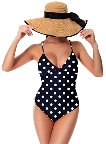 Swimsuit for Women One Piece Vintage Retro V Neck Polka Dot Swimsuit Tummy Control Swimwear Ruched Push Up Bathing Suit S