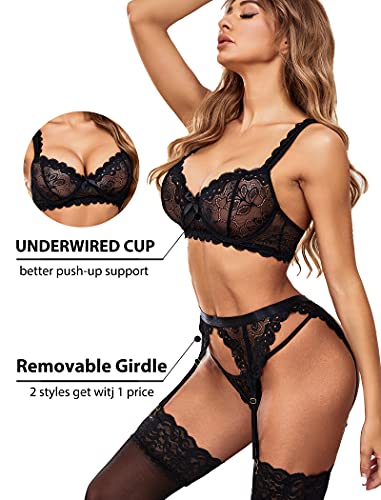 Avidlove Lingerie Garter Set for Women Lace Lingerie Set Strap Babydoll Bodysuit with Garter Belts Black