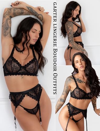 Avidlove Lingerie Garter Set for Women Lace Lingerie Set Strap Babydoll Bodysuit with Garter Belts Black