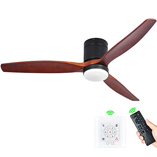 YITAHOME 60 Inch Low Profile Ceiling Fan with Lights Remote, Wall Control, Flush Mount Fan Light with Quiet Reversible DC Motor, 3 Colors Adjustable, 6 Speed, for Outdoor/Indoor - Black & Walnut