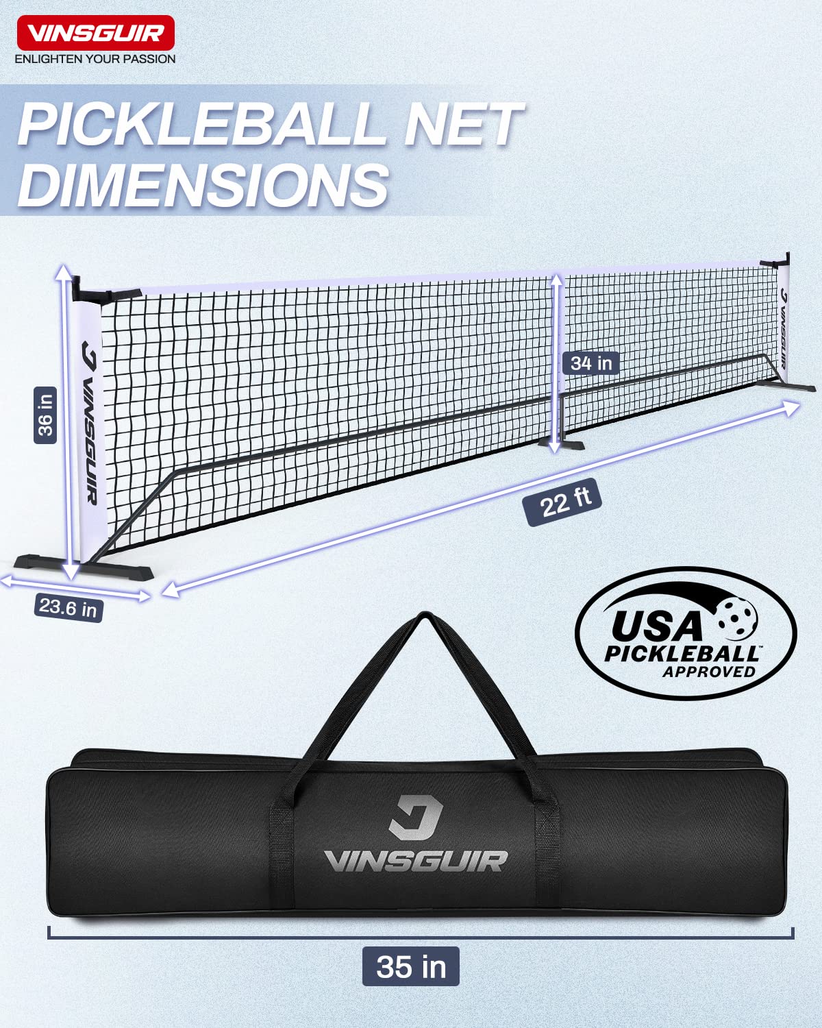 VINSGUIR Portable Pickleball Net, Pickleball Nets Designed for All Weather Conditions with Steady Metal Frame and Strong PE Net, Regulation Size Net with Carrying Bag