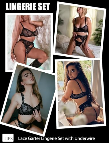 Avidlove Lingerie Garter Set for Women Lace Lingerie Set Strap Babydoll Bodysuit with Garter Belts Black
