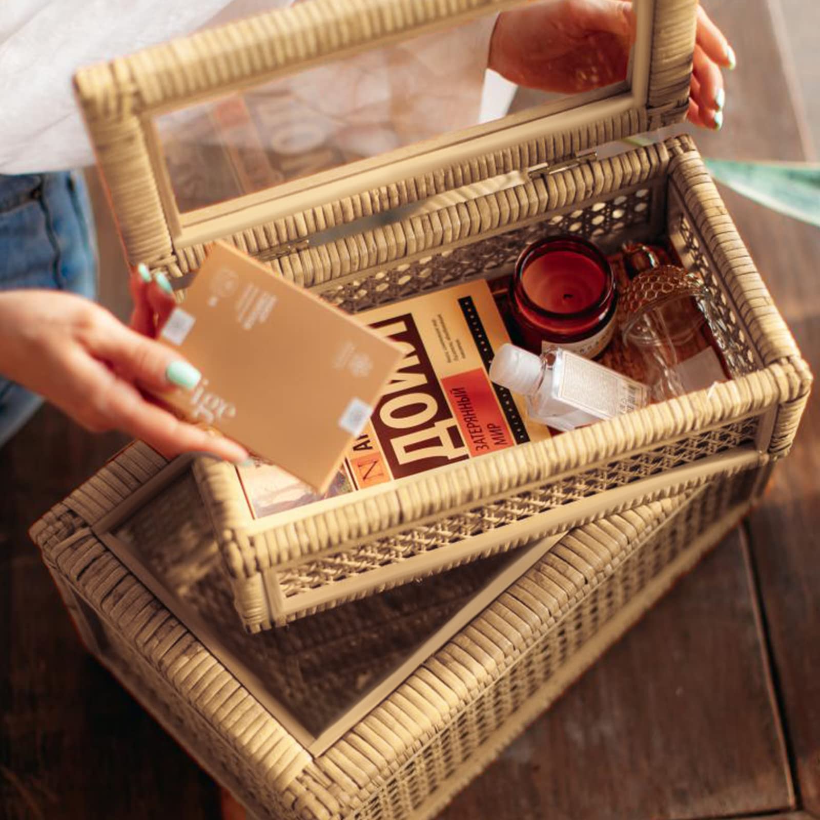 Handwoven Boho Rattan Display Boxes with Glass Lids - Set of 2 Rectangular Decorative Storage Bins - Natural Woven Cane Home Decor Organizers