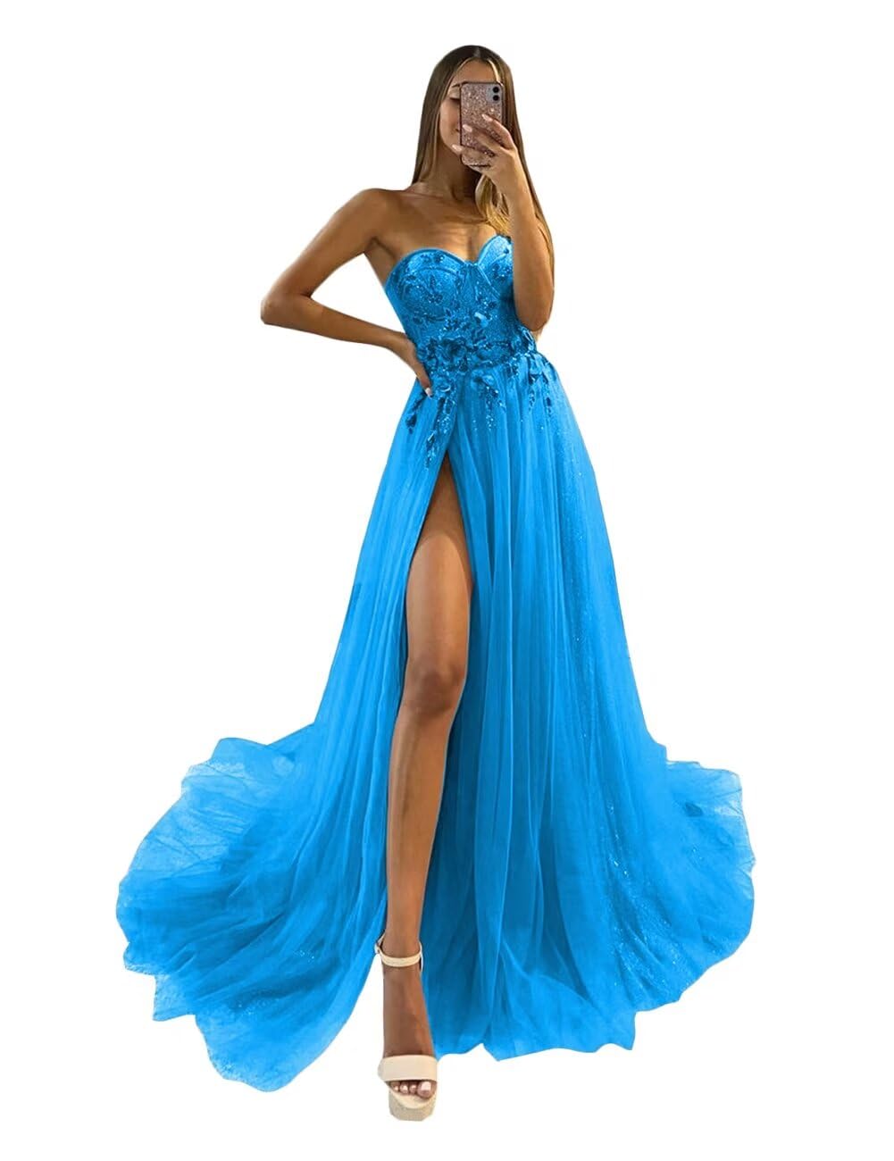 CWOAPO 3D Appliques Teen Girl Prom Dresses Plus Size Birthday Dress for Women Dexy Glitter Tulle Ball Gown with Slit Blue Dress for Wedding Guest US24W