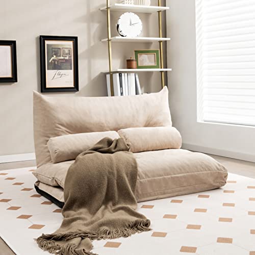 TUOCHUFUN Fluffy Lazy Sofa, Adjustable Floor Sofa Bed with 2 Lumbar Pillows (Beige)