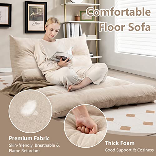 TUOCHUFUN Fluffy Lazy Sofa, Adjustable Floor Sofa Bed with 2 Lumbar Pillows (Beige)