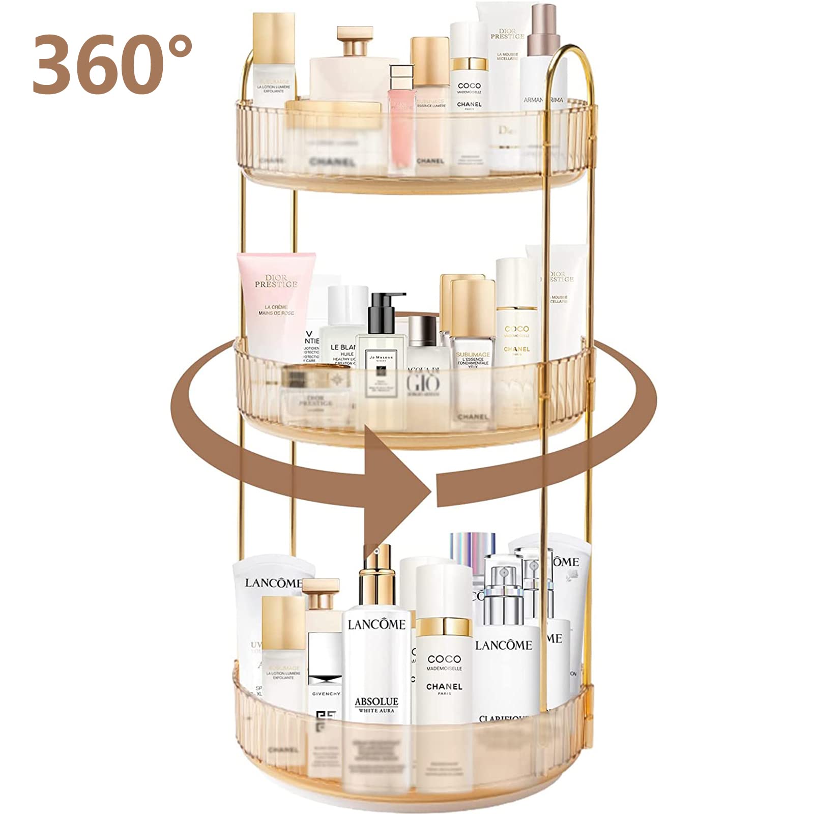shuang qing Rotating Makeup Organizer for Vanity 3 Tier, High-Capacity Skincare Clear Make Up Storage Perfume Organizers Cosmetic Dresser Organizer Countertop 360 Spinning (Gold)