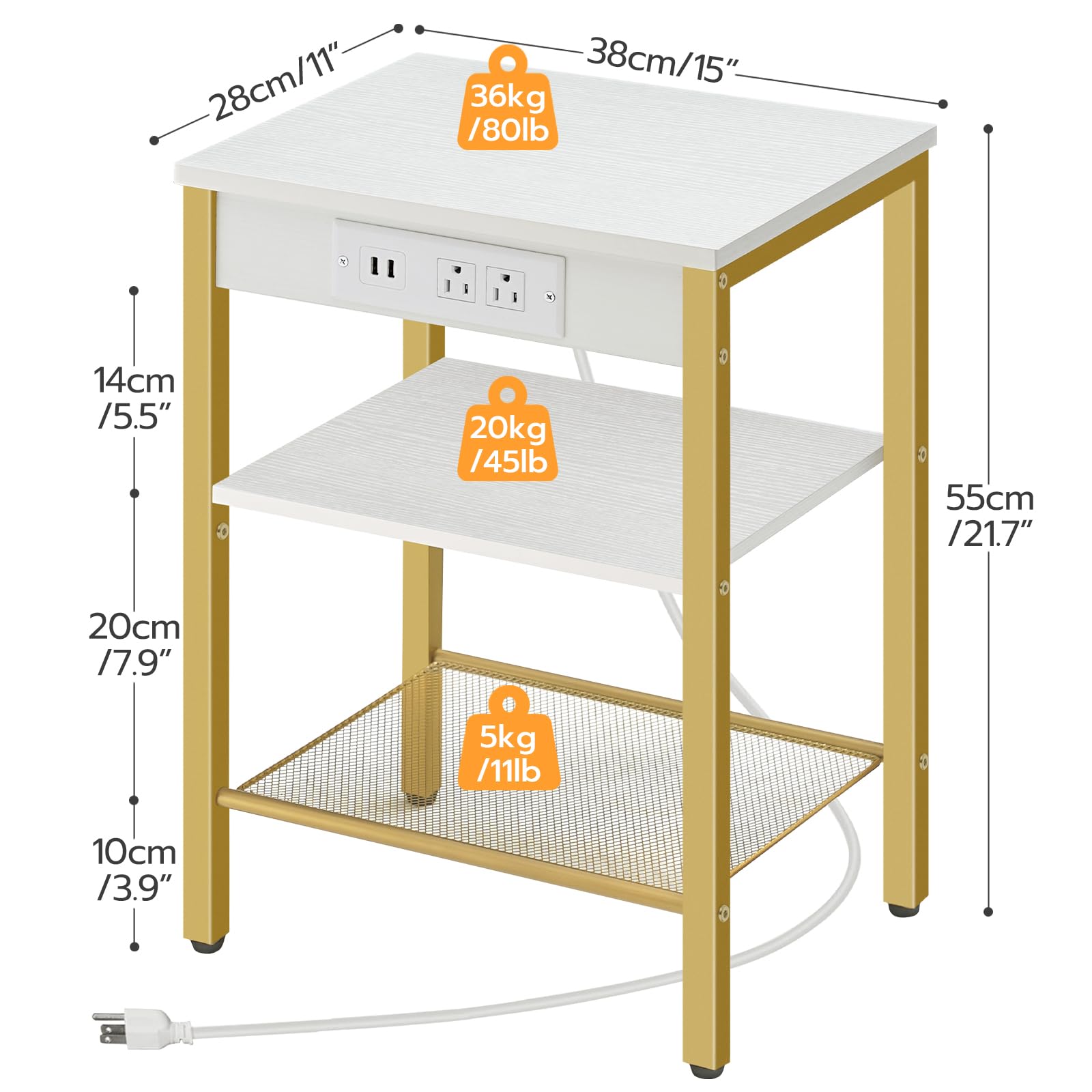 HOOBRO End Table with Charging Station and USB Ports, 3-Tier Nightstand with Adjustable Shelves, Small Side Table for Small Space in Living Room, Bedroom and Balcony, White and Gold DW112BZ01G1