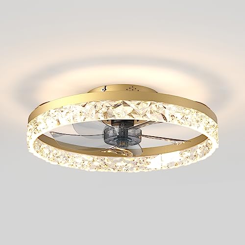 Pang Pang Gold Ceiling Fans with Lights Flush Mount,LED Dimmable Low Profile Ceiling Fan with Remote Control,6 Speeds Reversible Blades and Smart 3 Light Color for Bedroom Living Room Kitchen