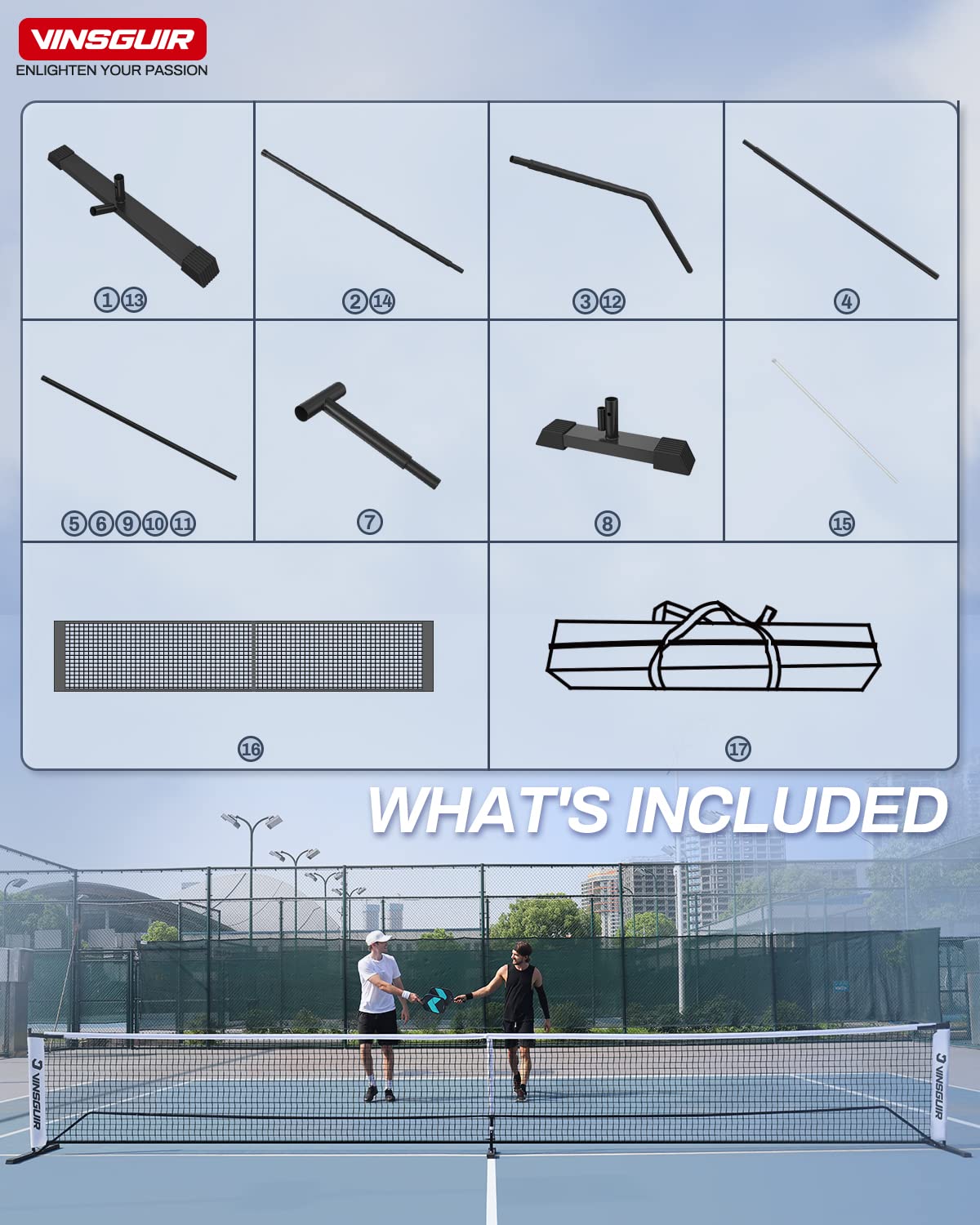 VINSGUIR Portable Pickleball Net, Pickleball Nets Designed for All Weather Conditions with Steady Metal Frame and Strong PE Net, Regulation Size Net with Carrying Bag