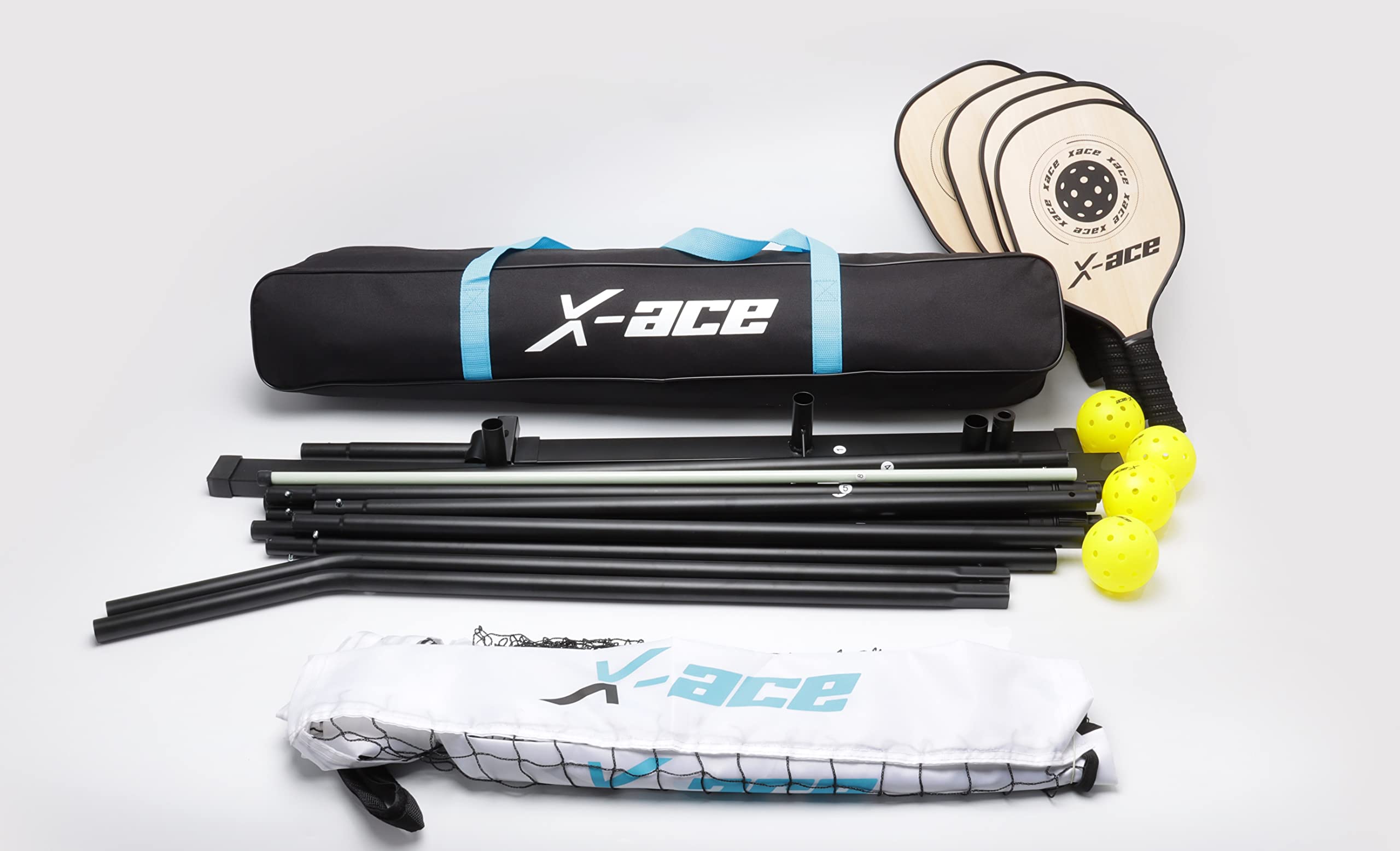 X-ACE 匹克球网套装 22 英尺(黑色和白色套装)X-ACE Regulation Pickleball Set with Net | 4 Paddles | 4 Outdoor Pickleball Balls - Portable 22FT Pickleball Net System All in One Pickle-Ball Equipment Carry Bag (NET SET)