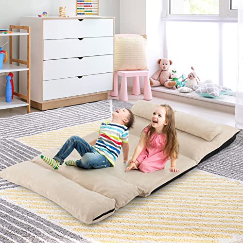 TUOCHUFUN Fluffy Lazy Sofa, Adjustable Floor Sofa Bed with 2 Lumbar Pillows (Beige)