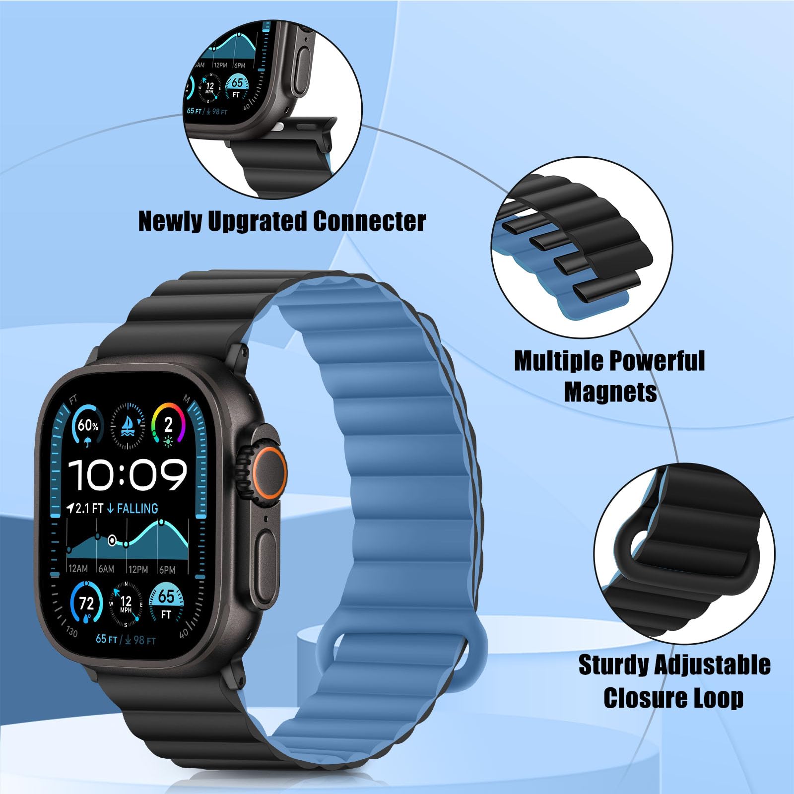 HITZEE Compatible with Apple Watch Band 49/46/45/44/42/41/40/38mm, Double Sided Silicone Magnetic Band Compatible for Apple Watch Ultra 2 Series 10 9 8 7 SE 6 5 4 (42/44/45/46/49mm, Blue Black)