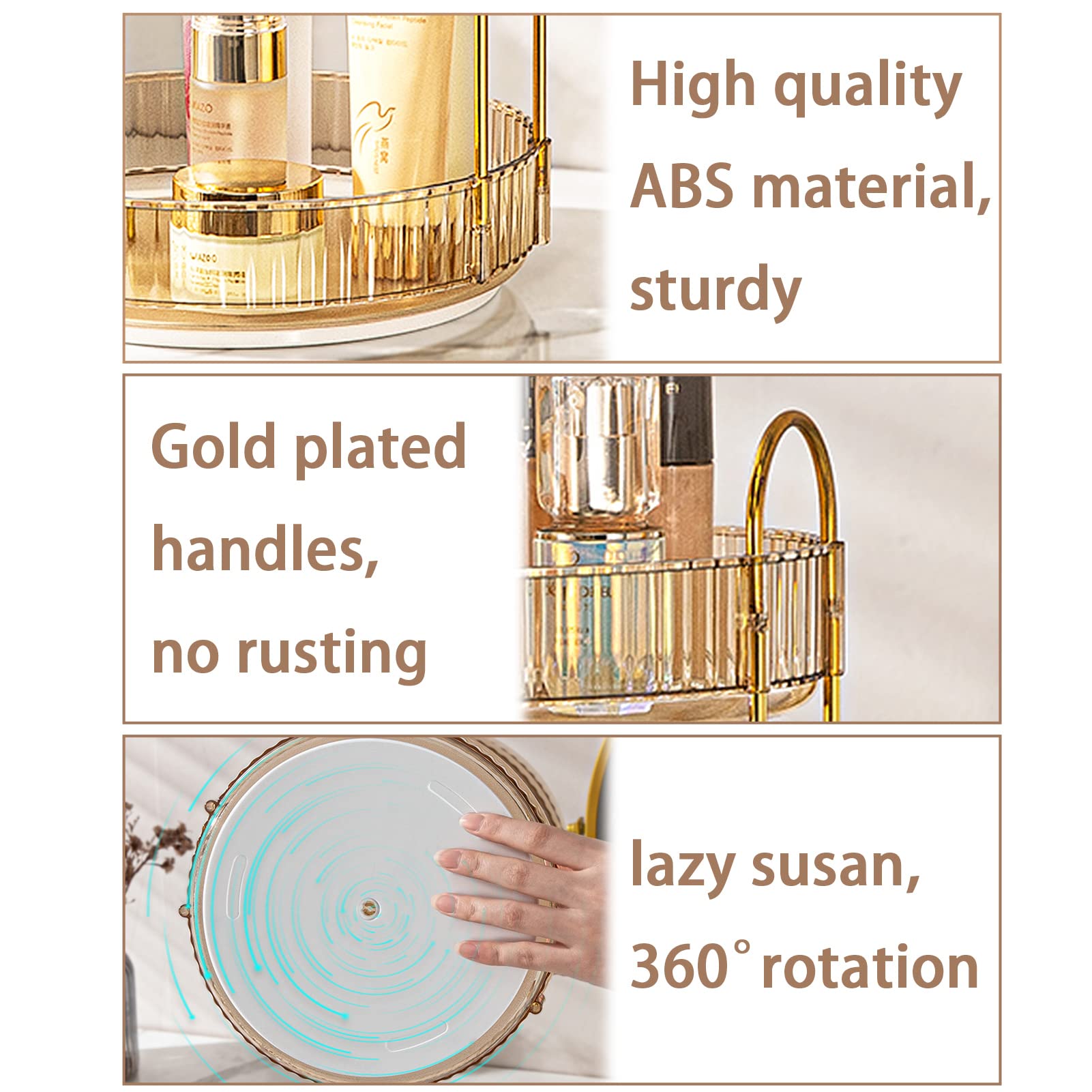 shuang qing Rotating Makeup Organizer for Vanity 3 Tier, High-Capacity Skincare Clear Make Up Storage Perfume Organizers Cosmetic Dresser Organizer Countertop 360 Spinning (Gold)