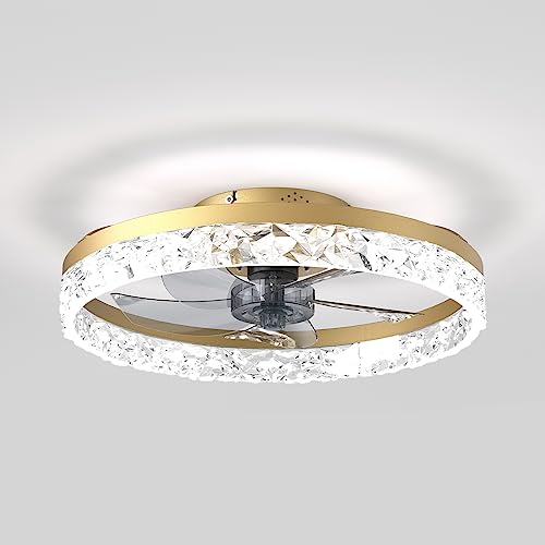 Pang Pang Gold Ceiling Fans with Lights Flush Mount,LED Dimmable Low Profile Ceiling Fan with Remote Control,6 Speeds Reversible Blades and Smart 3 Light Color for Bedroom Living Room Kitchen