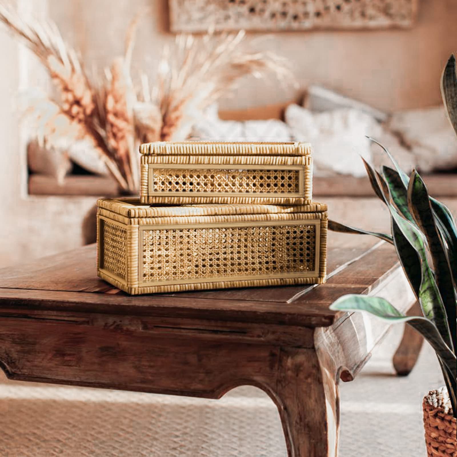 Handwoven Boho Rattan Display Boxes with Glass Lids - Set of 2 Rectangular Decorative Storage Bins - Natural Woven Cane Home Decor Organizers