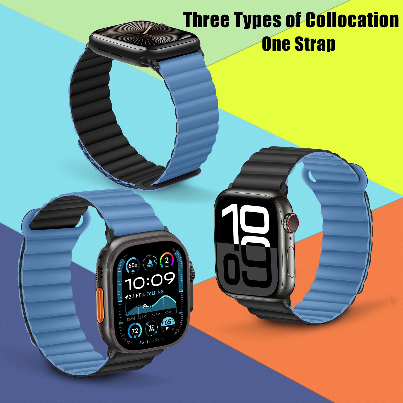 HITZEE Compatible with Apple Watch Band 49/46/45/44/42/41/40/38mm, Double Sided Silicone Magnetic Band Compatible for Apple Watch Ultra 2 Series 10 9 8 7 SE 6 5 4 (42/44/45/46/49mm, Blue Black)