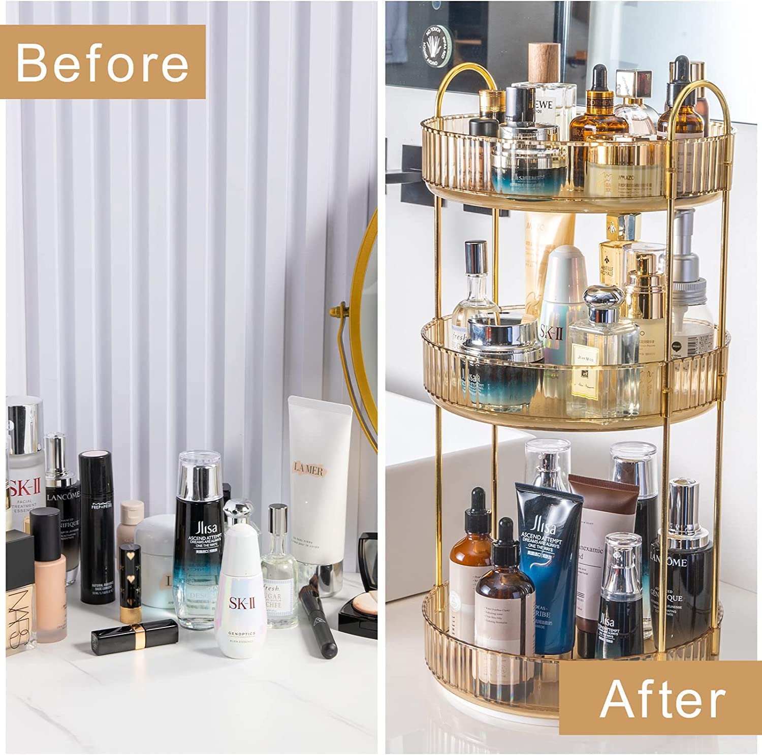 shuang qing Rotating Makeup Organizer for Vanity 3 Tier, High-Capacity Skincare Clear Make Up Storage Perfume Organizers Cosmetic Dresser Organizer Countertop 360 Spinning (Gold)