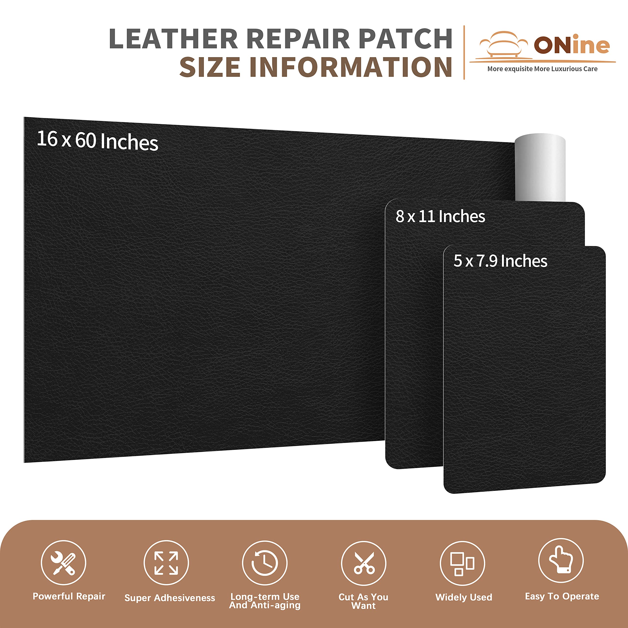 ONine Leather Repair Patch,Self-Adhesive Couch Patch,Multicolor Available Scratch Leather 5X7.9 Inch Peel and Stick for Sofas, Car Seats Hand Bags Jackets (Ink Black)