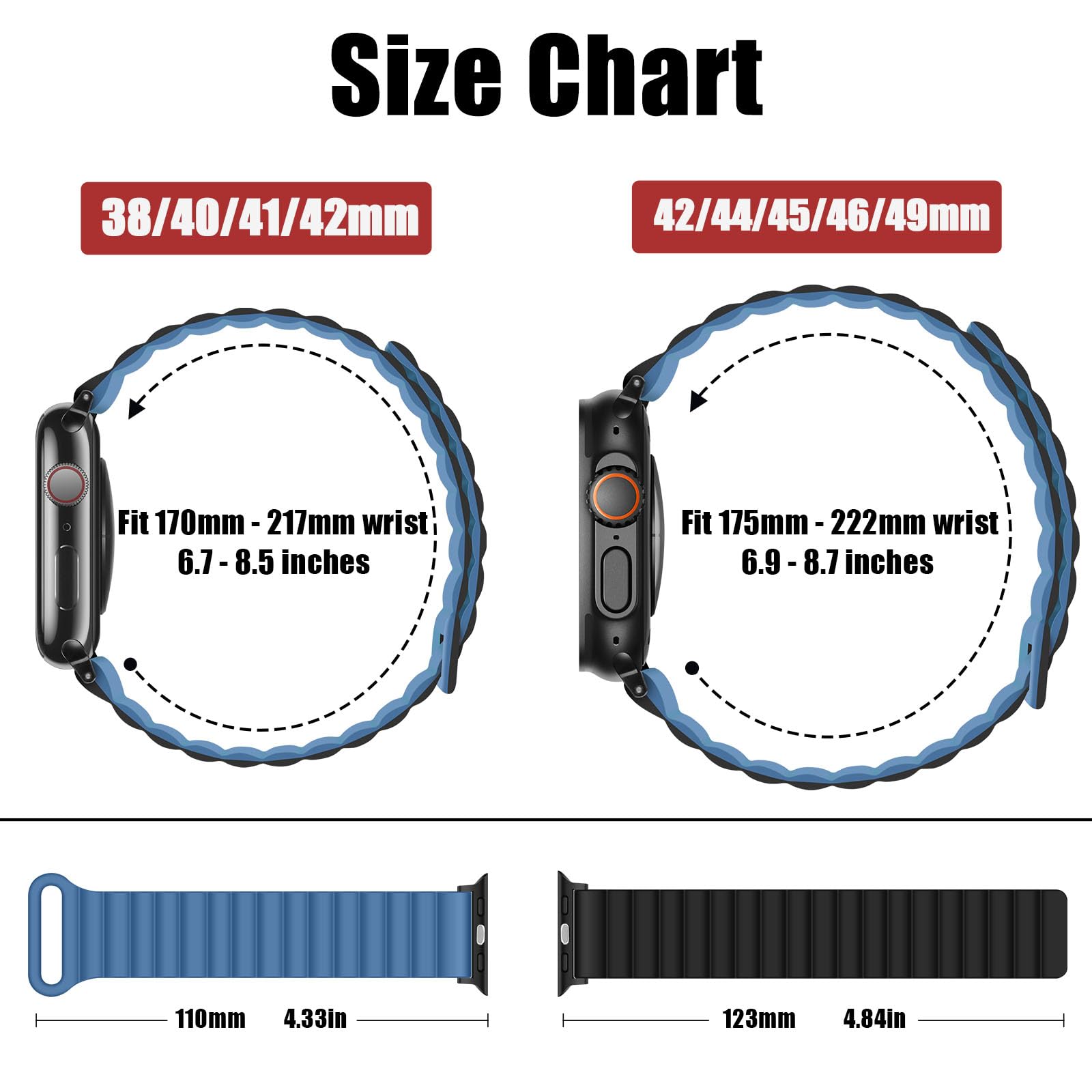 HITZEE Compatible with Apple Watch Band 49/46/45/44/42/41/40/38mm, Double Sided Silicone Magnetic Band Compatible for Apple Watch Ultra 2 Series 10 9 8 7 SE 6 5 4 (42/44/45/46/49mm, Blue Black)