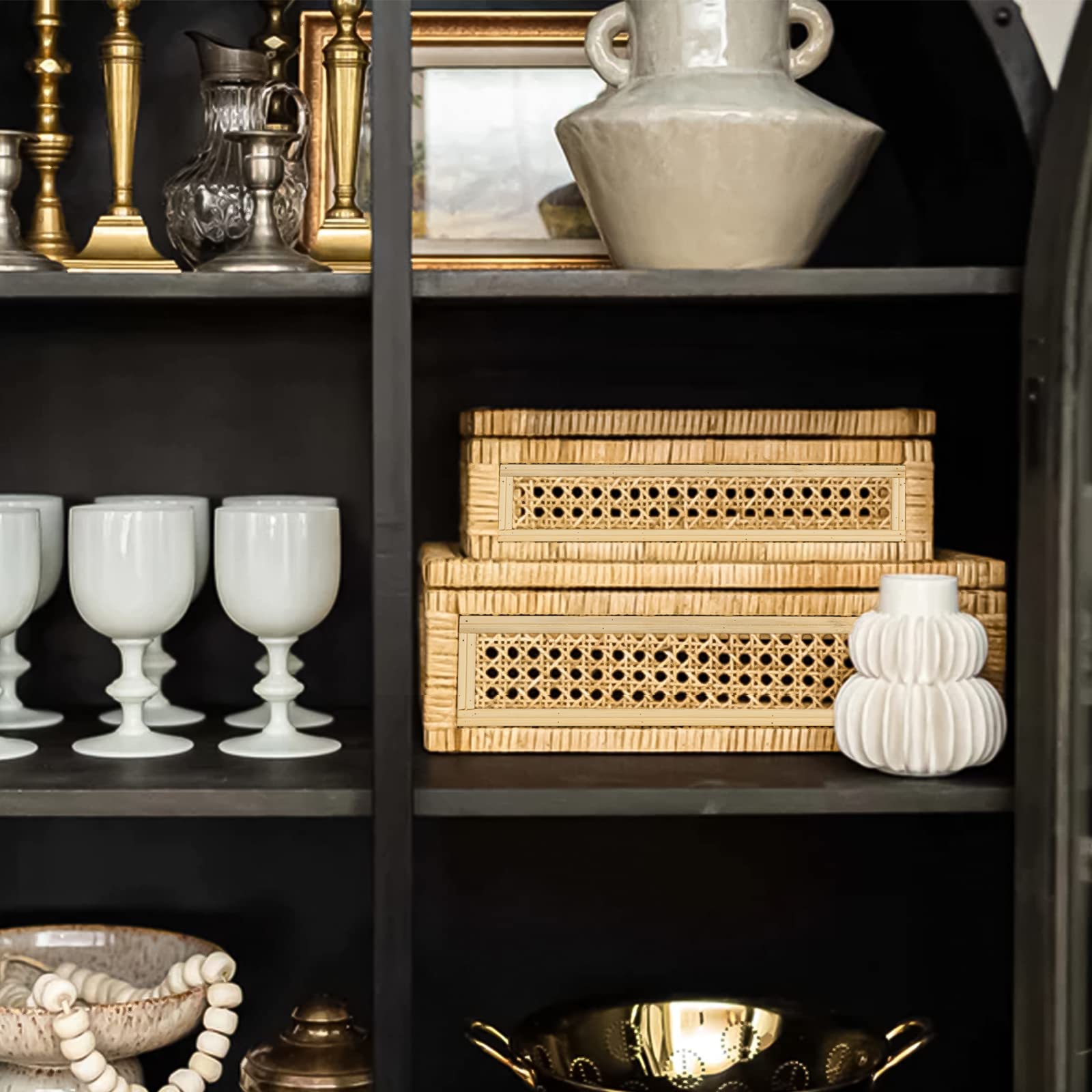 Handwoven Boho Rattan Display Boxes with Glass Lids - Set of 2 Rectangular Decorative Storage Bins - Natural Woven Cane Home Decor Organizers