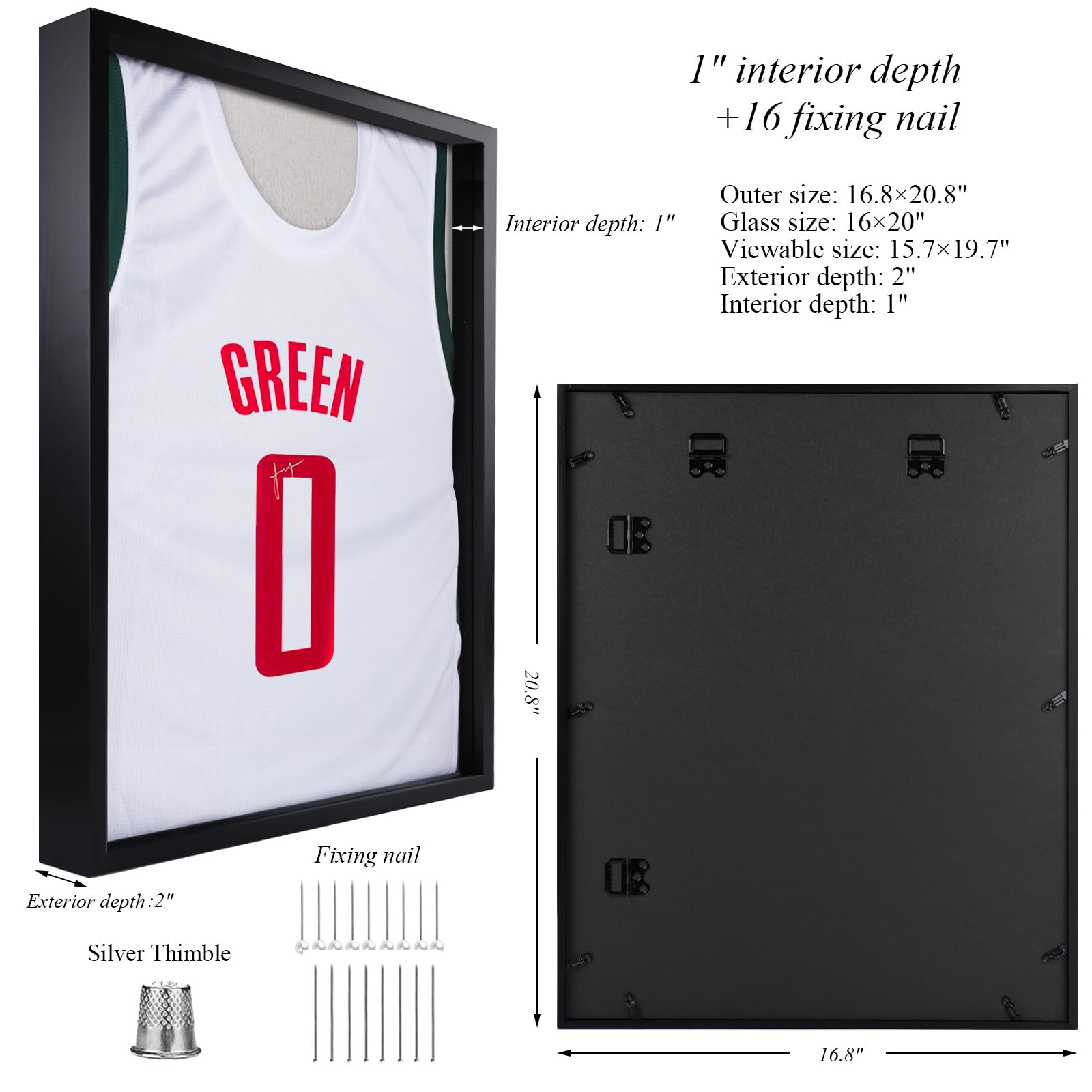 1DOT2 16x20 Large Shadow Box Frame, Jersey Frame Display Case with Grade A Natural Pine Wood Acrylic Front and Metal Hanger Shadowbox Frame Display Depth of 1",Black