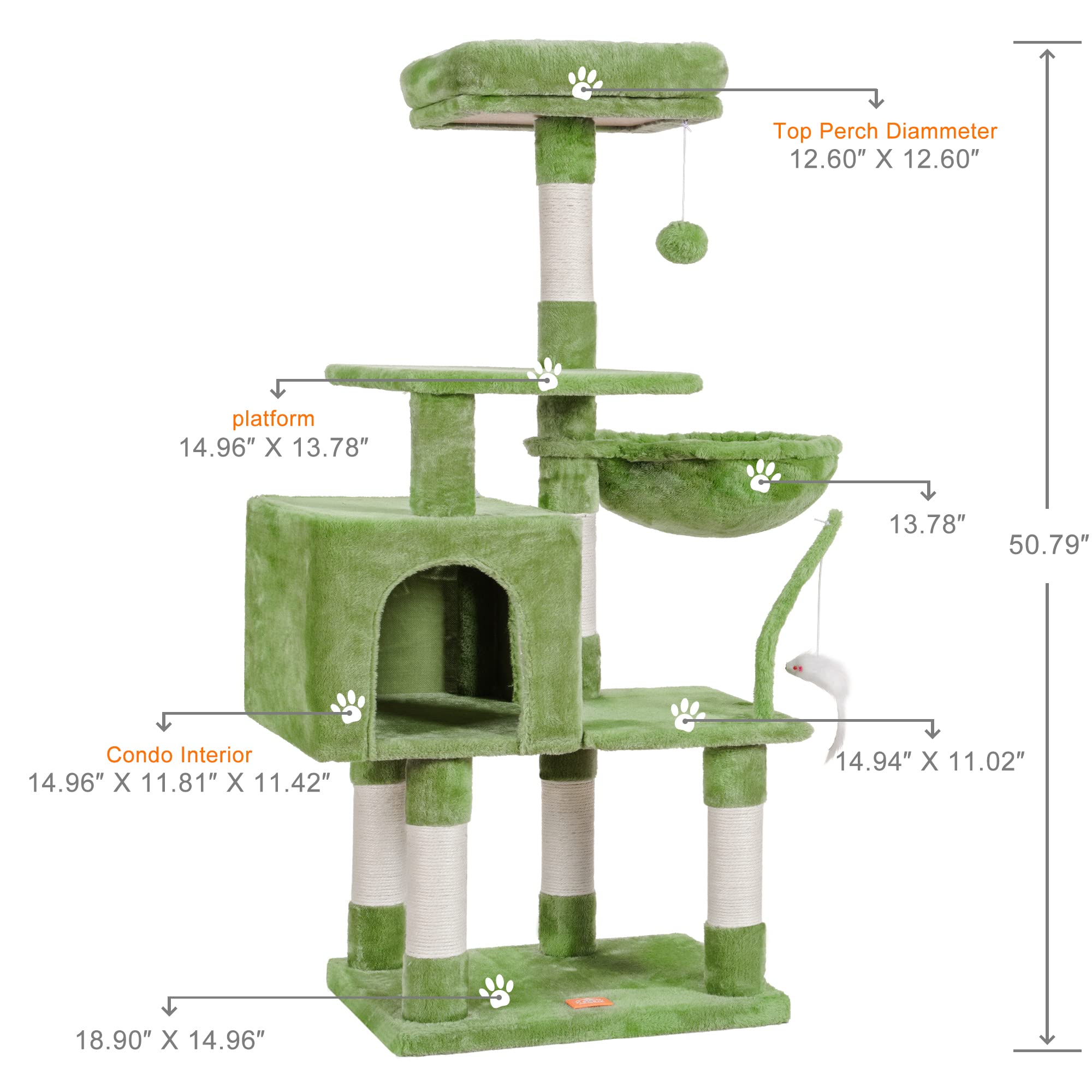 Heybly Cat Tree with Toy, Cat Tower condo for Indoor Cats, Cat House with Padded Plush Perch, Cozy Hammock and Sisal Scratching Posts, Green HCT004GR