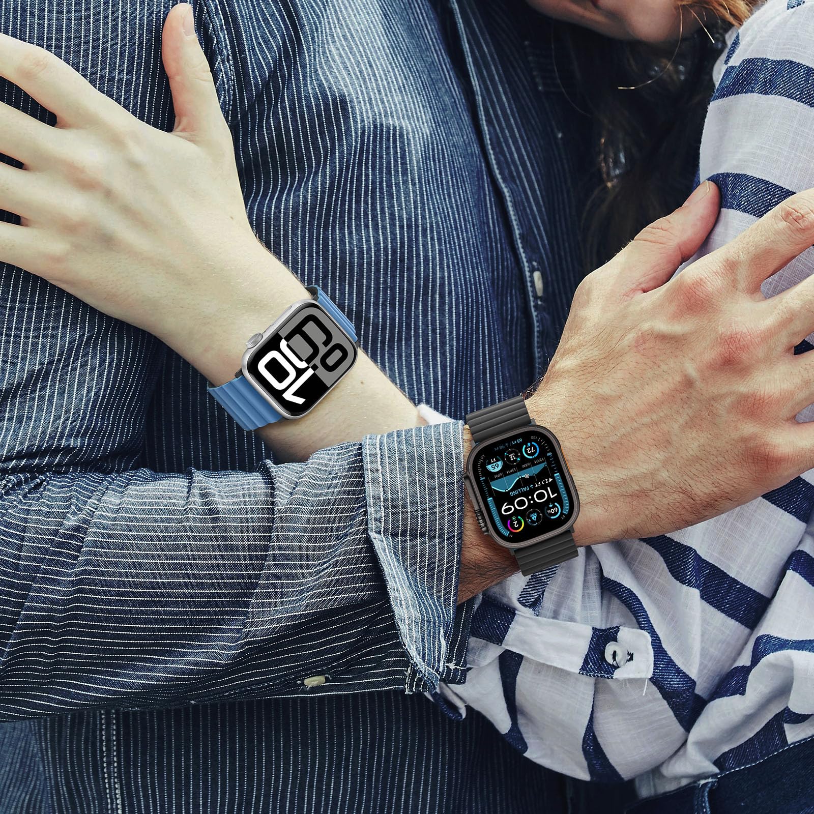 HITZEE Compatible with Apple Watch Band 49/46/45/44/42/41/40/38mm, Double Sided Silicone Magnetic Band Compatible for Apple Watch Ultra 2 Series 10 9 8 7 SE 6 5 4 (42/44/45/46/49mm, Blue Black)