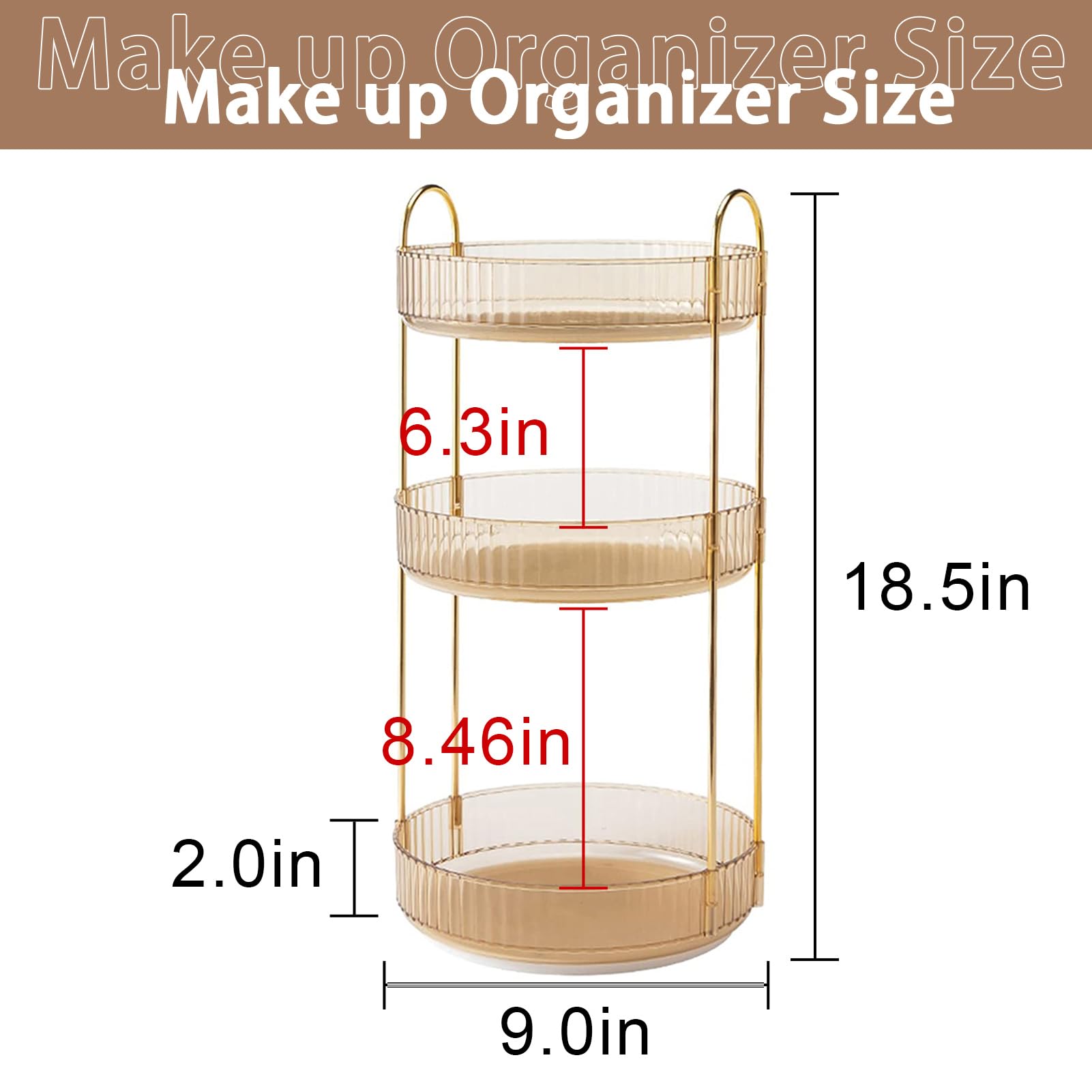 shuang qing Rotating Makeup Organizer for Vanity 3 Tier, High-Capacity Skincare Clear Make Up Storage Perfume Organizers Cosmetic Dresser Organizer Countertop 360 Spinning (Gold)