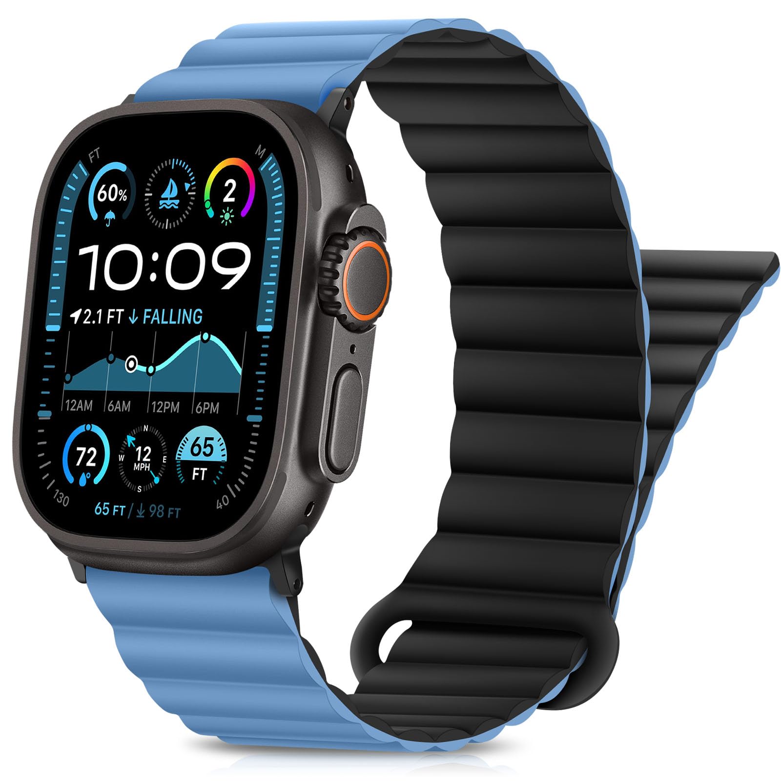 HITZEE Compatible with Apple Watch Band 49/46/45/44/42/41/40/38mm, Double Sided Silicone Magnetic Band Compatible for Apple Watch Ultra 2 Series 10 9 8 7 SE 6 5 4 (42/44/45/46/49mm, Blue Black)