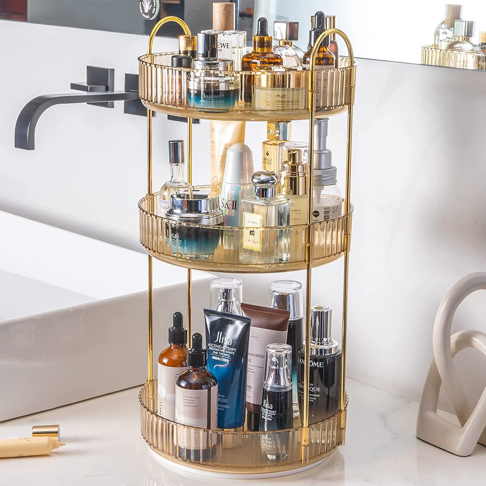 shuang qing Rotating Makeup Organizer for Vanity 3 Tier, High-Capacity Skincare Clear Make Up Storage Perfume Organizers Cosmetic Dresser Organizer Countertop 360 Spinning (Gold)