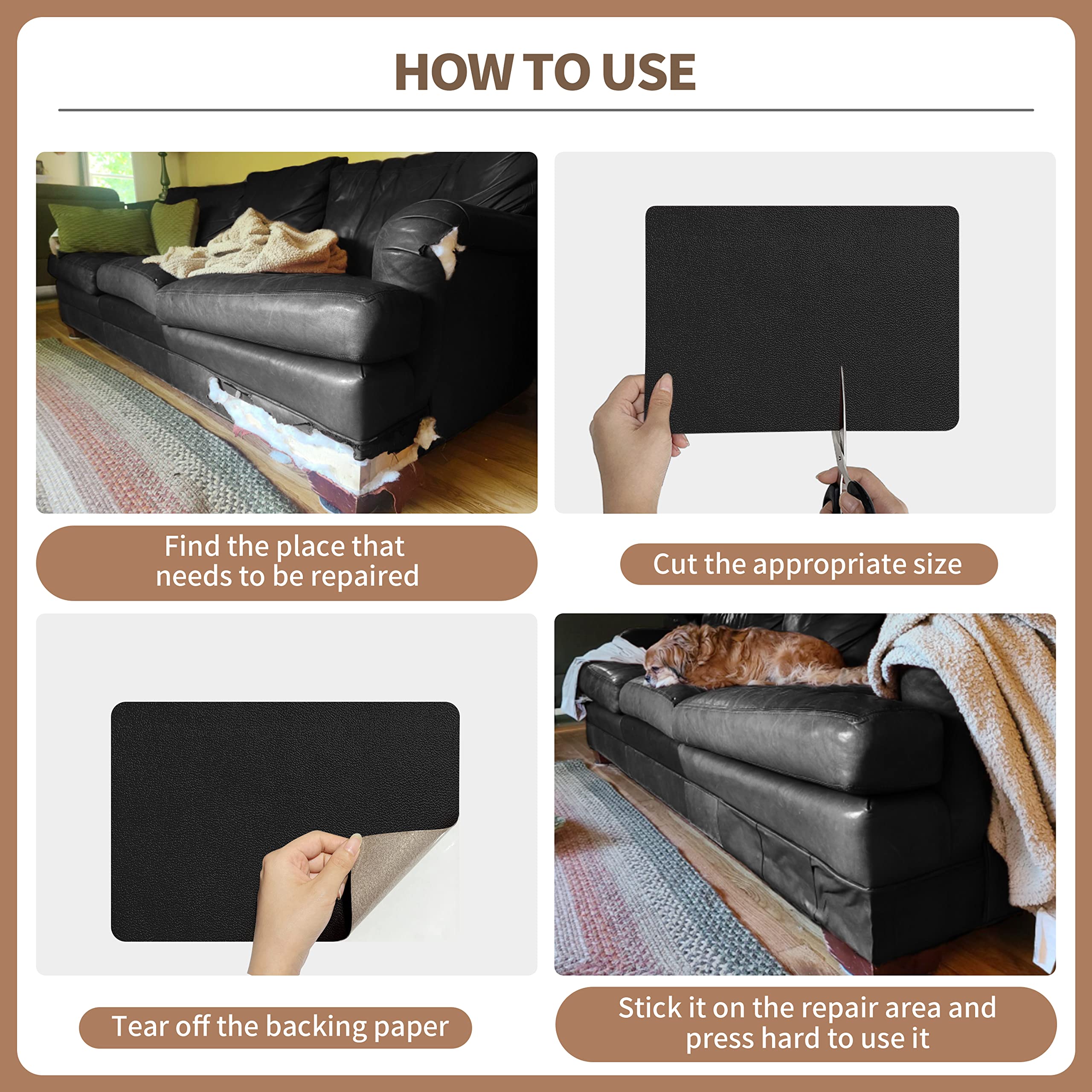 ONine Leather Repair Patch,Self-Adhesive Couch Patch,Multicolor Available Scratch Leather 5X7.9 Inch Peel and Stick for Sofas, Car Seats Hand Bags Jackets (Ink Black)