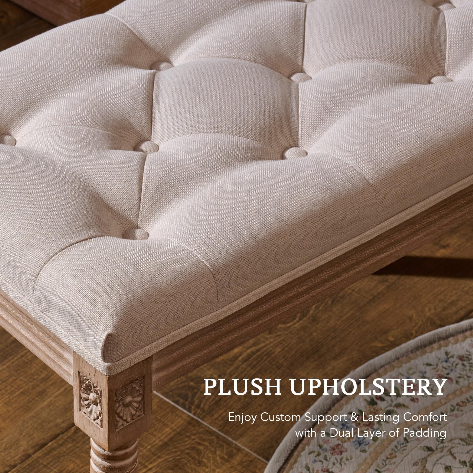Vonluce Extra-Long Upholstered Bench, Beige, Rubberwood Frame, 48 x 16.7 in