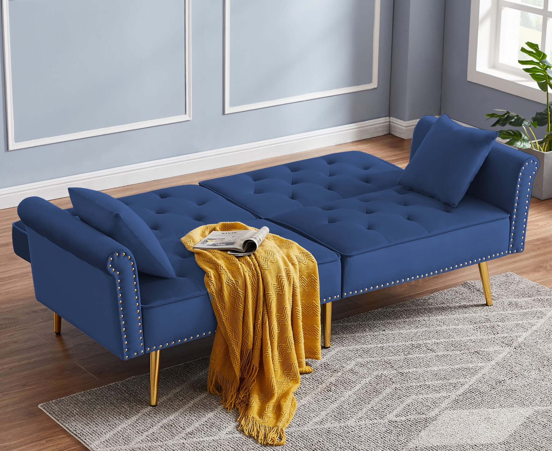 hansones Velvet Futon Sofa Bed,Convertible Sofa Bed with Adjustable Backrest Angles,Sturdy Sleeper Sofa for Living Room and Bedroom (Blue) (2204)