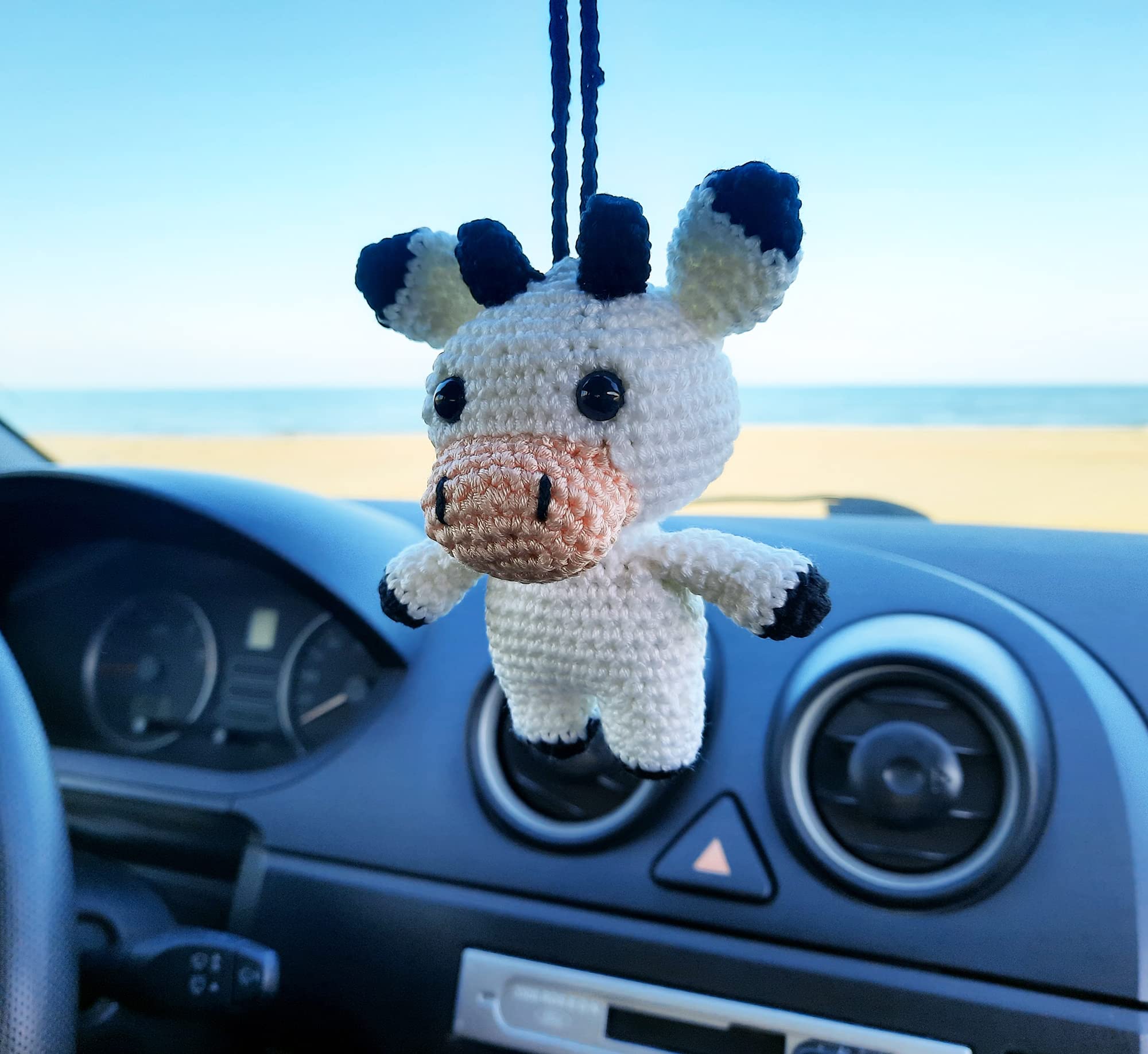 Glsm Boutique Cow Handmade Crochet Car Rear View Mirror Holder, Hanging Accessories Ornaments Car Pendant Charm Decor, A Gift for Cow Lovers.