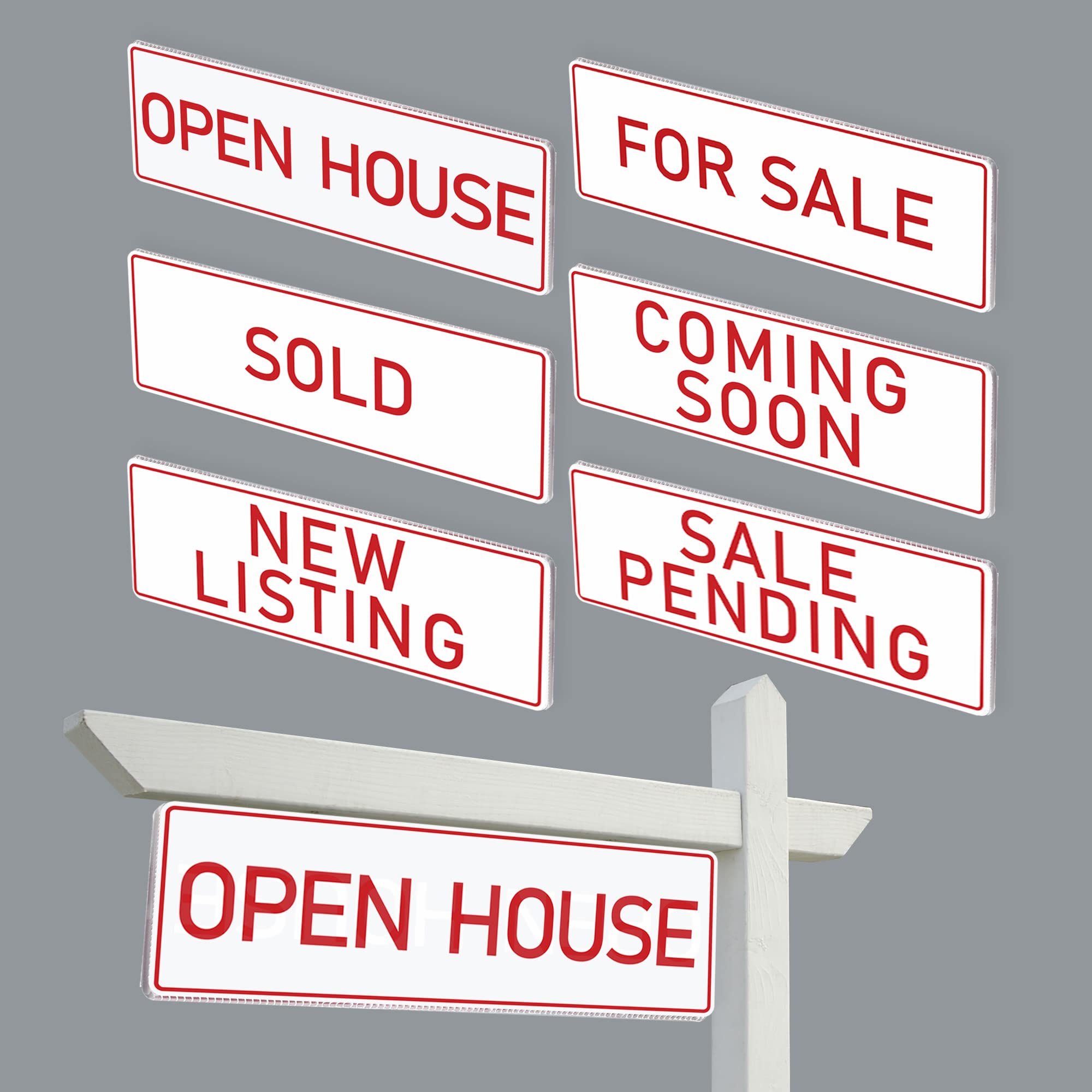 Bundle of Real Estate Rider Signs with Stakes, 6 Pack Double-Sided 6"x17.2" FOR SALE, OPEN HOUSE, SOLD, COMING SOON, SALE PENDING, NEW LISTING-Waterproof Corrugated Plastic