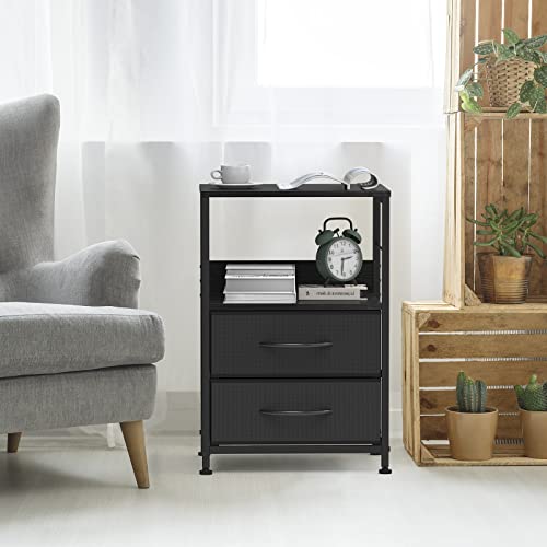 YBING Nightstand Bedroom Bedside Table with Fabric Drawers End Table with Storage Open Shelf Side Table for Living Room Home Dorm Small Space Black