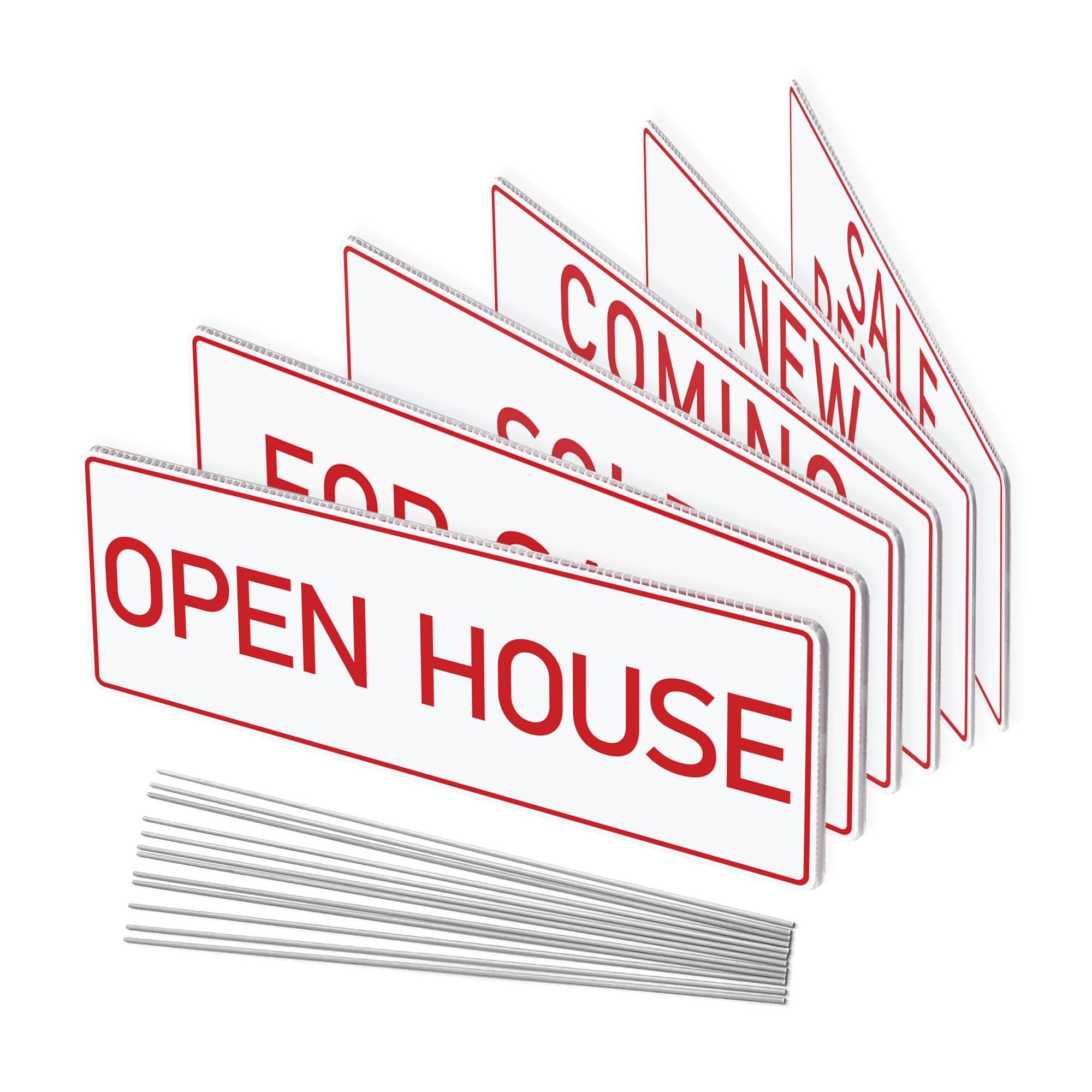 Bundle of Real Estate Rider Signs with Stakes, 6 Pack Double-Sided 6"x17.2" FOR SALE, OPEN HOUSE, SOLD, COMING SOON, SALE PENDING, NEW LISTING-Waterproof Corrugated Plastic