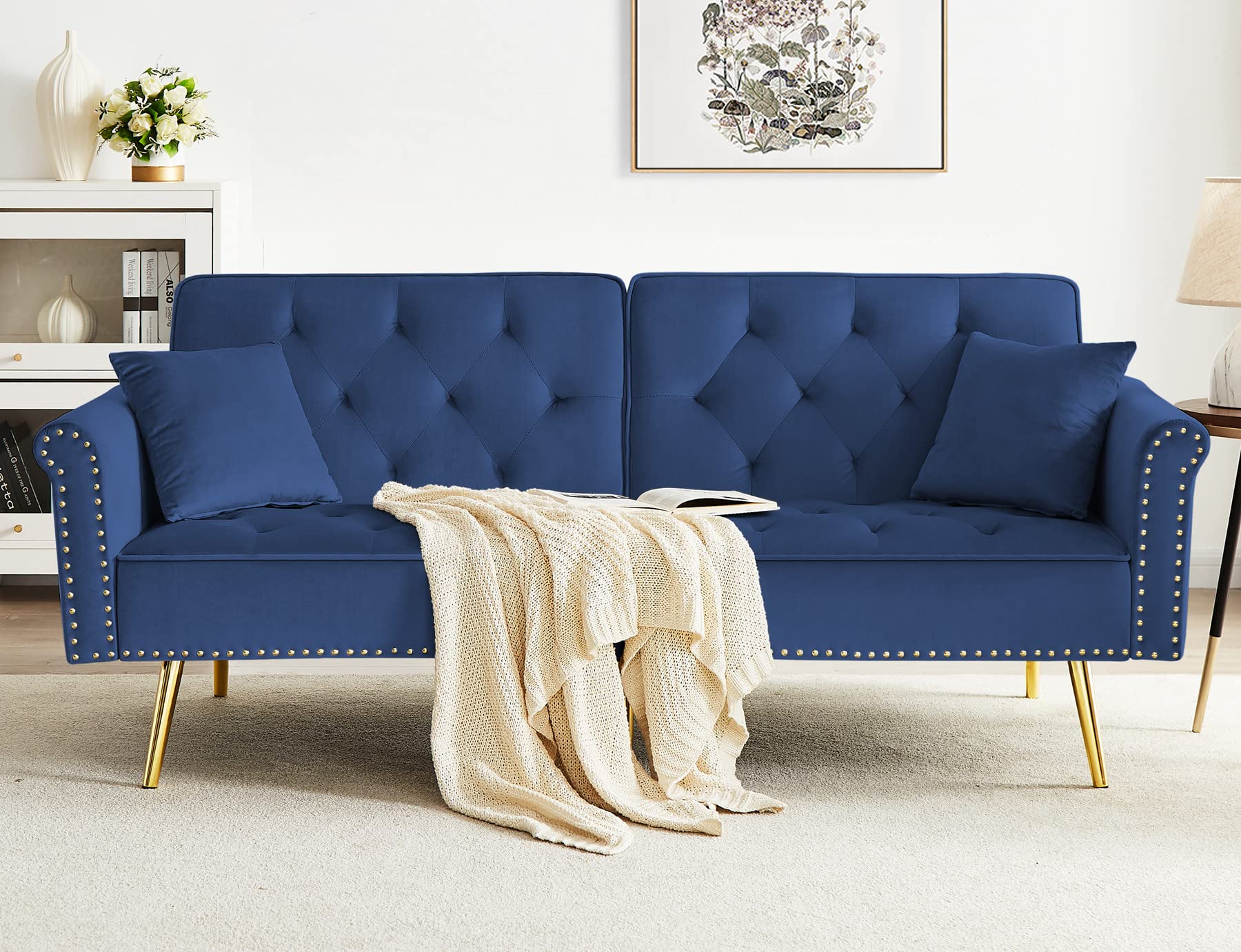 hansones Velvet Futon Sofa Bed,Convertible Sofa Bed with Adjustable Backrest Angles,Sturdy Sleeper Sofa for Living Room and Bedroom (Blue) (2204)