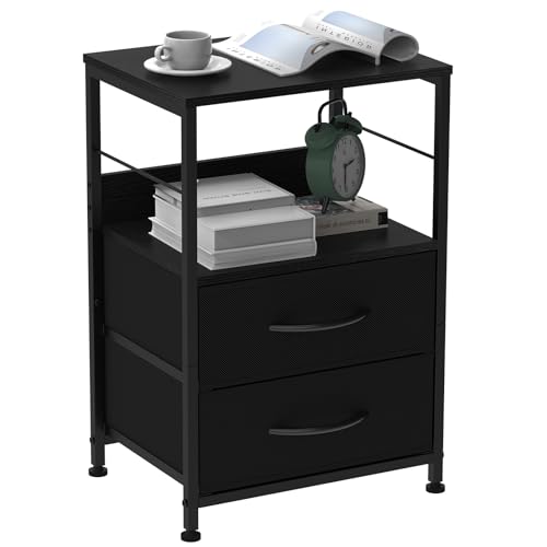YBING Nightstand Bedroom Bedside Table with Fabric Drawers End Table with Storage Open Shelf Side Table for Living Room Home Dorm Small Space Black