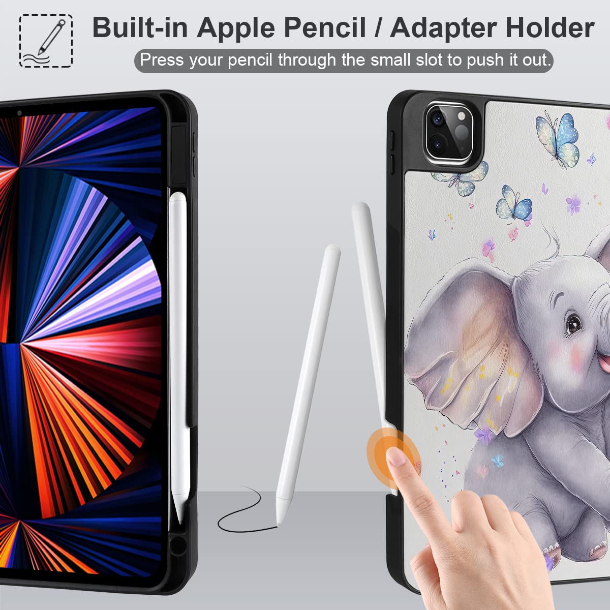 DONGKE Case for 2021/2022 iPad Pro 12.9 inch 5th / 6th Gen - Slim Protective Case - Apple Pencil Charging - Trifold Stand & Sleep/Wake Cover, Also Fits to iPad Pro 12.9 3rd / 4th Gen, Elephant