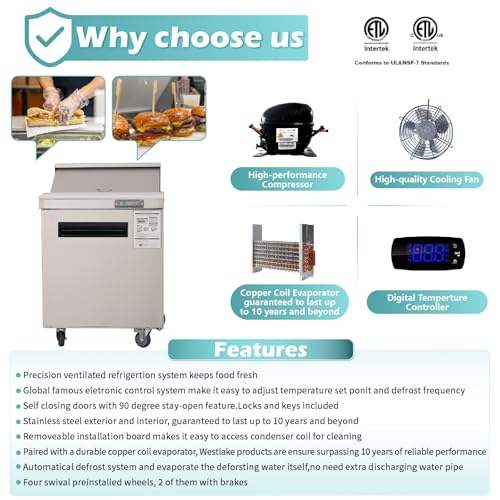 WESTLAKE 27" W Refrigerator Sandwich & Salad Prep Table Commercial Stainless Steel Counter Fan Cooling Refrigerator with 8 Pans-27 Inches for Restaurant, Bar, Shop, etc