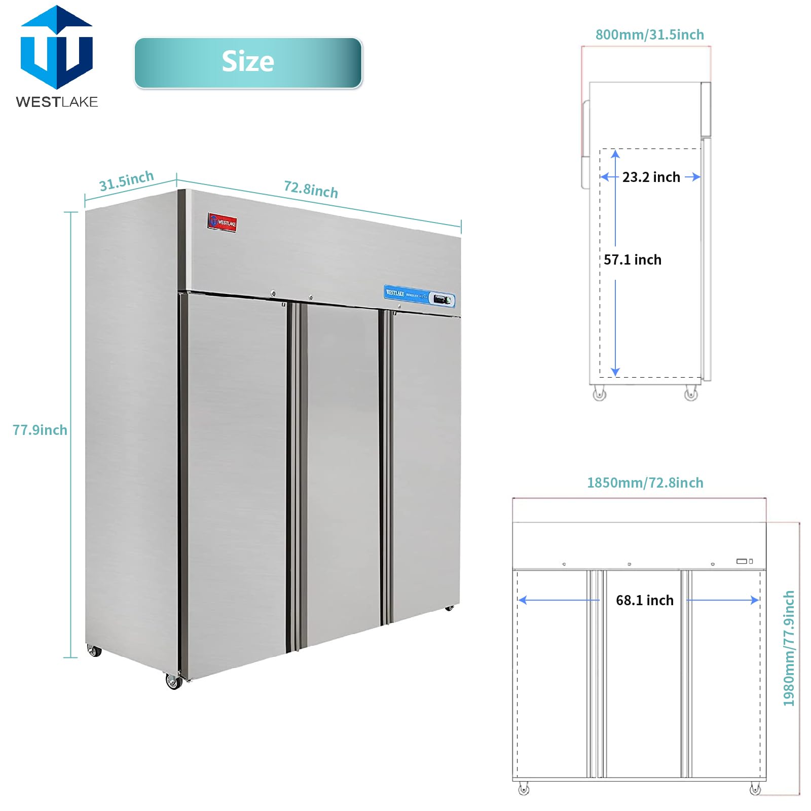 WESTLAKE 72" W Commercial Refrigerator 3 door 3 Section Stainless Steel Reach in Solid door Upright Fan Cooling 54 Cu.ft Cooler for Restuarant, Bar, Shop, etc