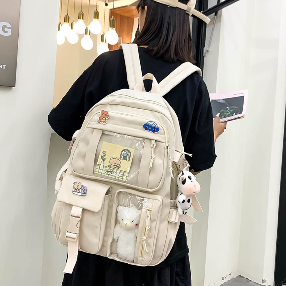 Thanps Kawaii Backpack with Cute Pin Accessories and Plush Pendant Cute Aesthetic Backpacks for School Bag Girl Backpack (Beige)