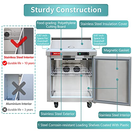 WESTLAKE 27" W Refrigerator Sandwich & Salad Prep Table Commercial Stainless Steel Counter Fan Cooling Refrigerator with 8 Pans-27 Inches for Restaurant, Bar, Shop, etc