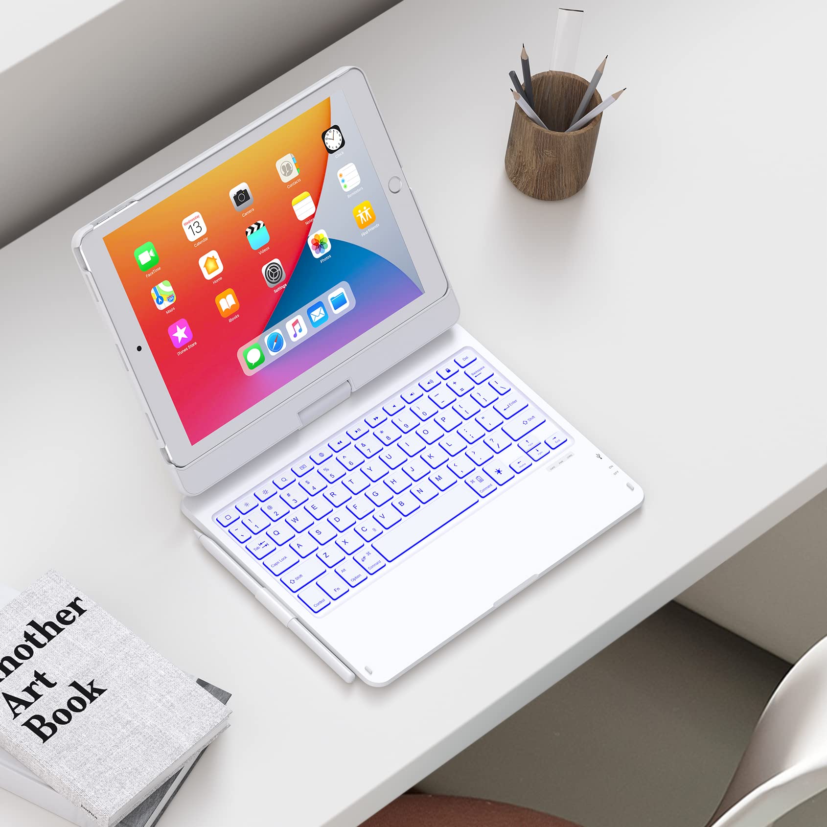 CHESONA for iPad 9th Generation Case with Keyboard, 360° Rotatable, 7 Color Backlit, Slim Cover, Apple Pencil Holder, Keyboard for iPad (8th/7th Gen 10.2 Inch), Air 3rd Gen, Pro 10.5 inch