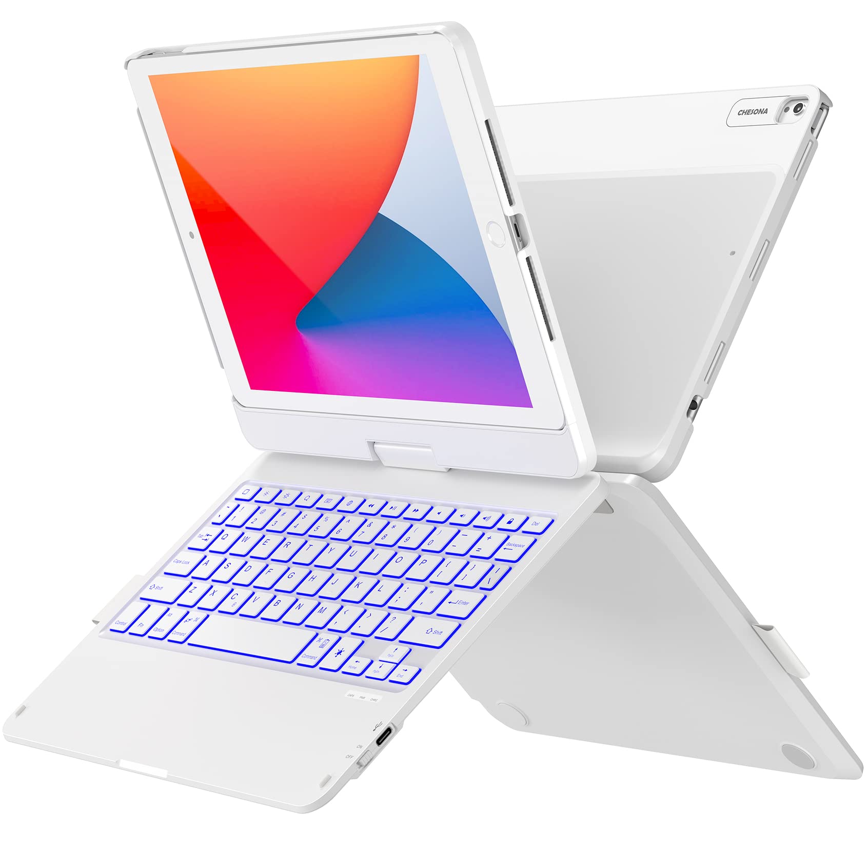 CHESONA for iPad 9th Generation Case with Keyboard, 360° Rotatable, 7 Color Backlit, Slim Cover, Apple Pencil Holder, Keyboard for iPad (8th/7th Gen 10.2 Inch), Air 3rd Gen, Pro 10.5 inch